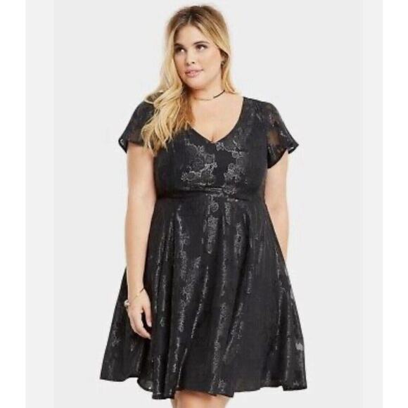 torrid | Dresses | Torrid Black Floral Lurex V Neck Chiffon Skater ...